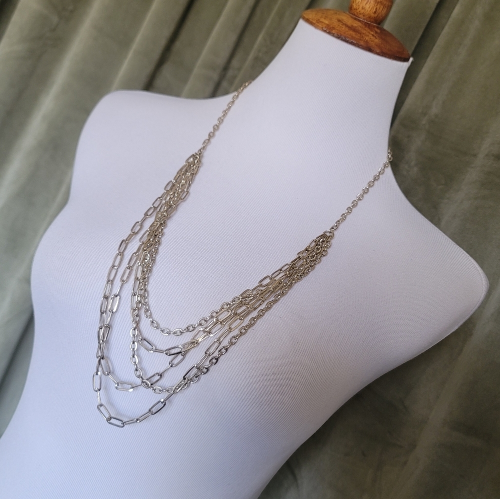 Silver Layered Chain Necklace - Gem